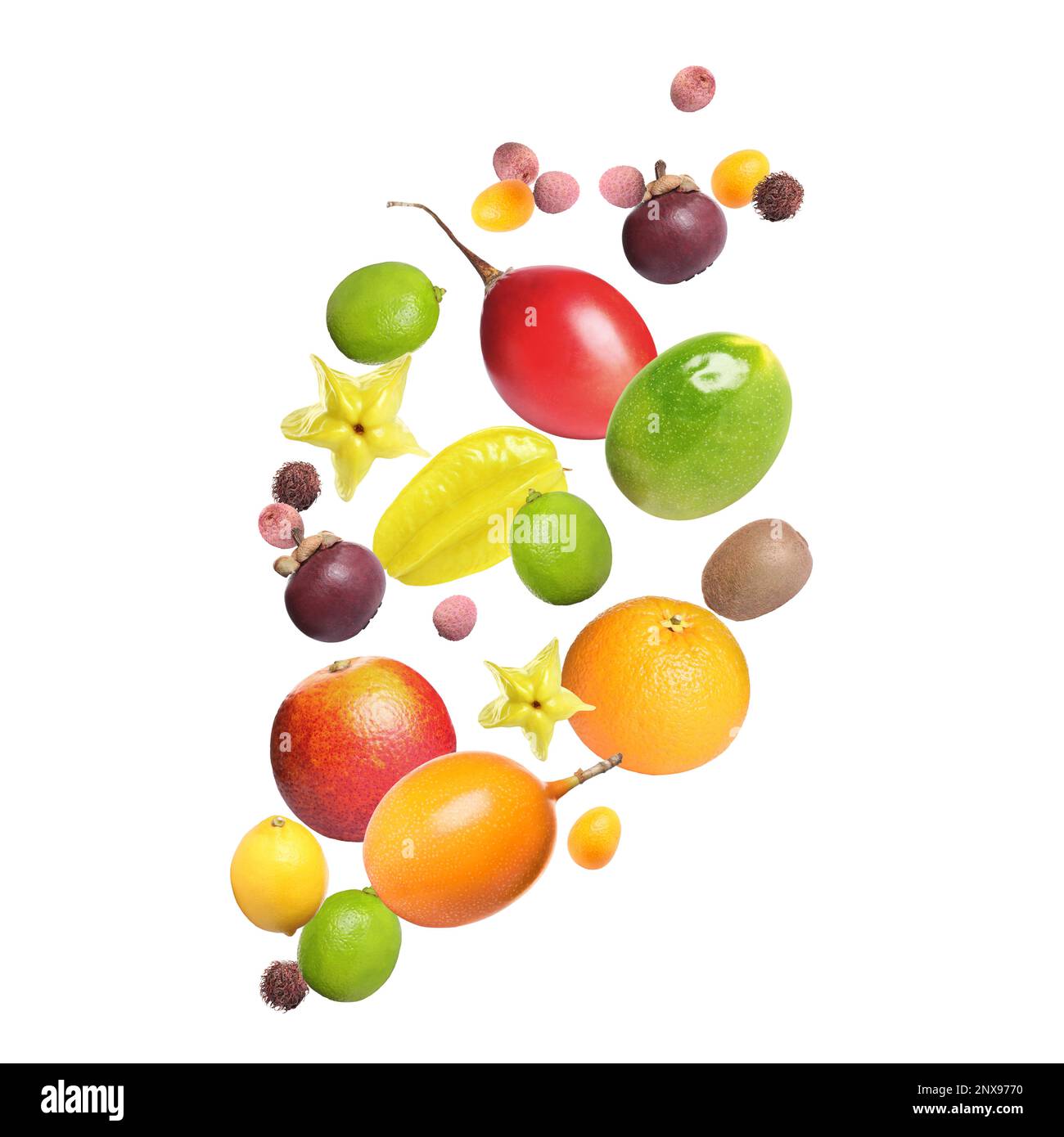 Different tasty exotic fruits flying on white background Stock Photo ...
