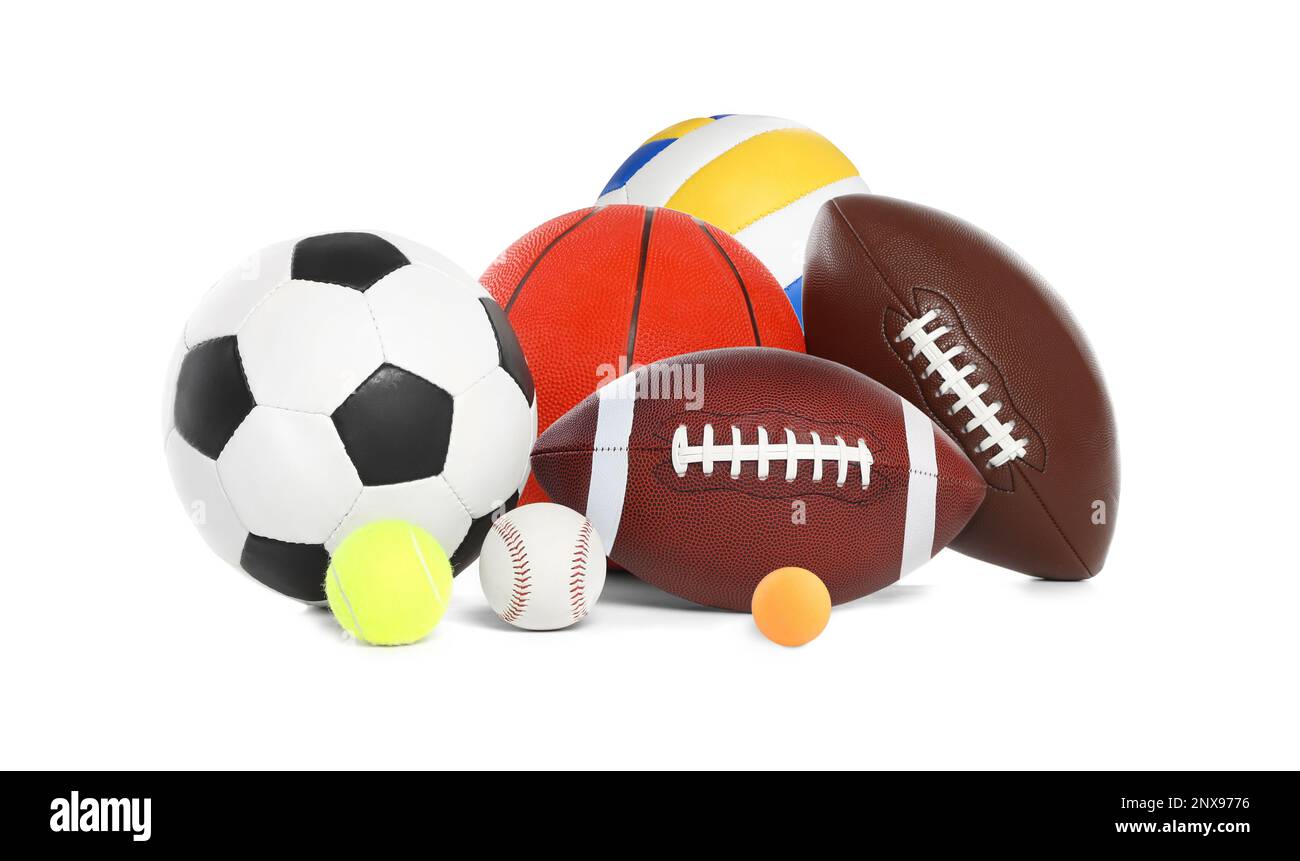 Group of different sport balls on white background Stock Photo - Alamy