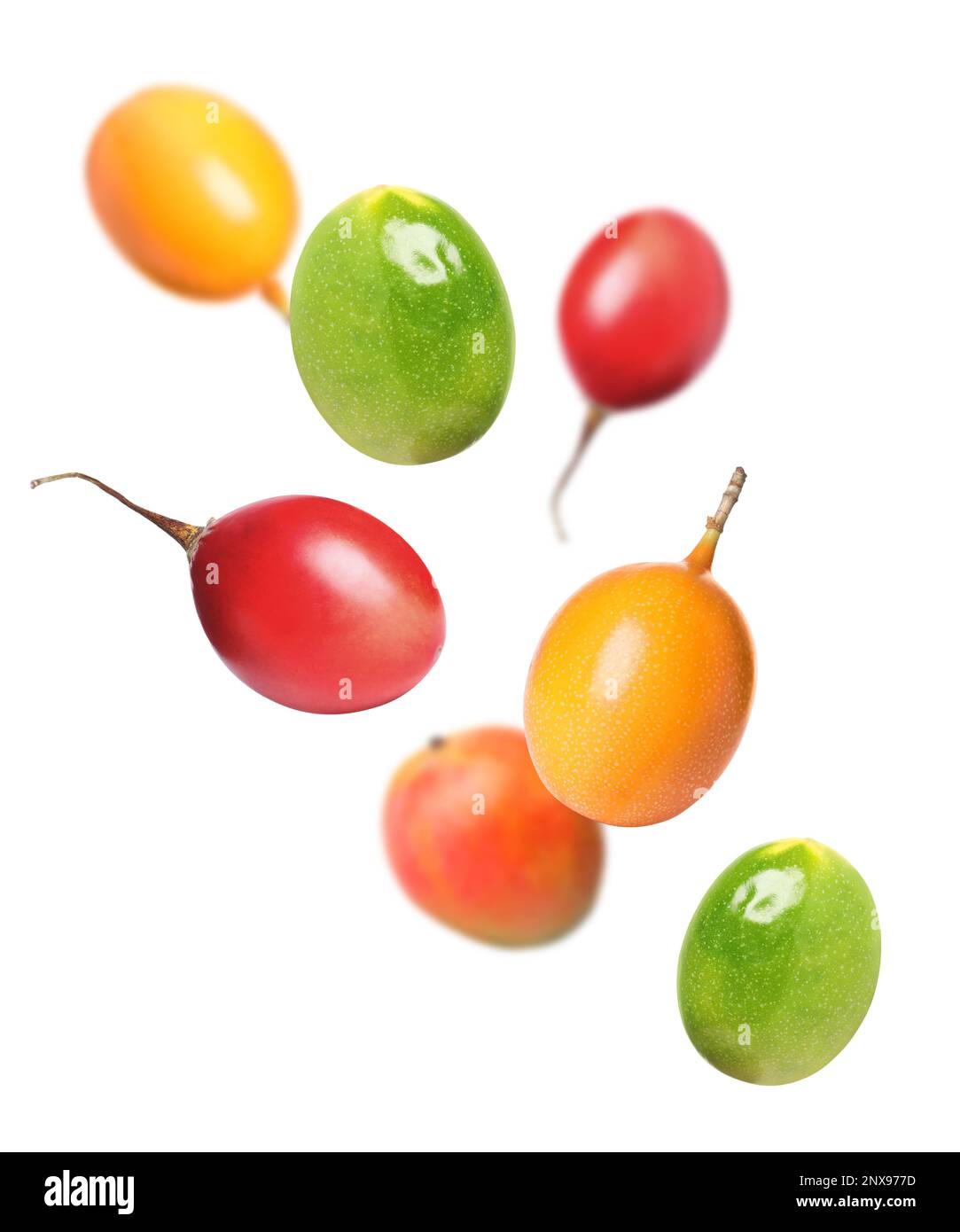 Different tasty exotic fruits flying on white background Stock Photo ...