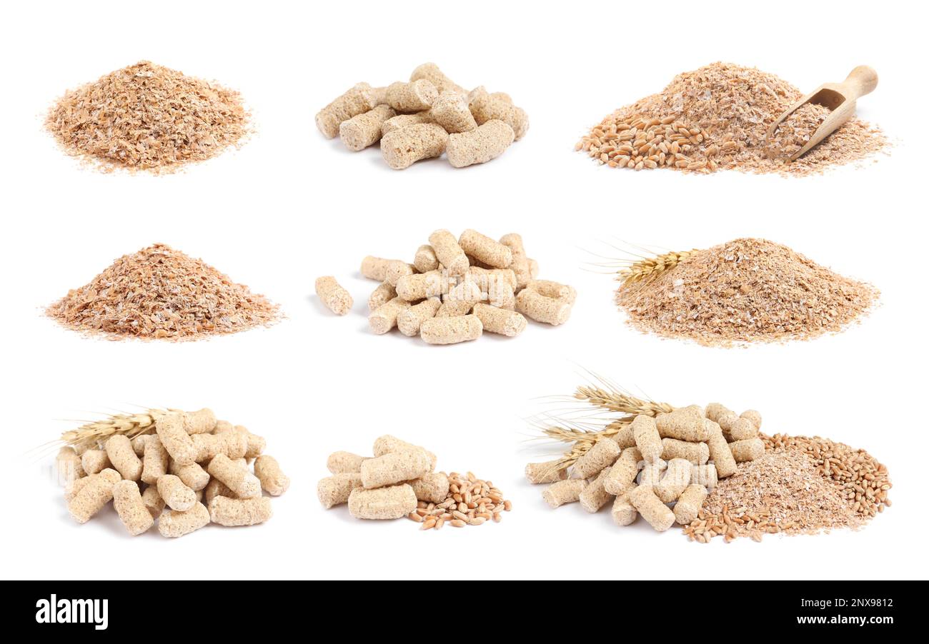 Set with wheat bran on white background Stock Photo - Alamy