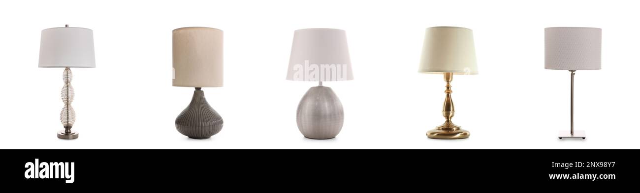 Set with stylish night lamps on white background. Banner design Stock ...