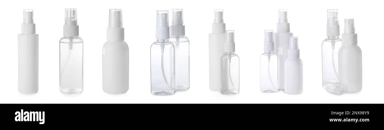 Bottles with antiseptic on white background, collage. Banner design ...