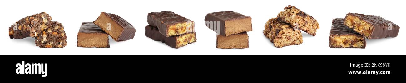 Set with different delicious protein bars on white background. Banner ...