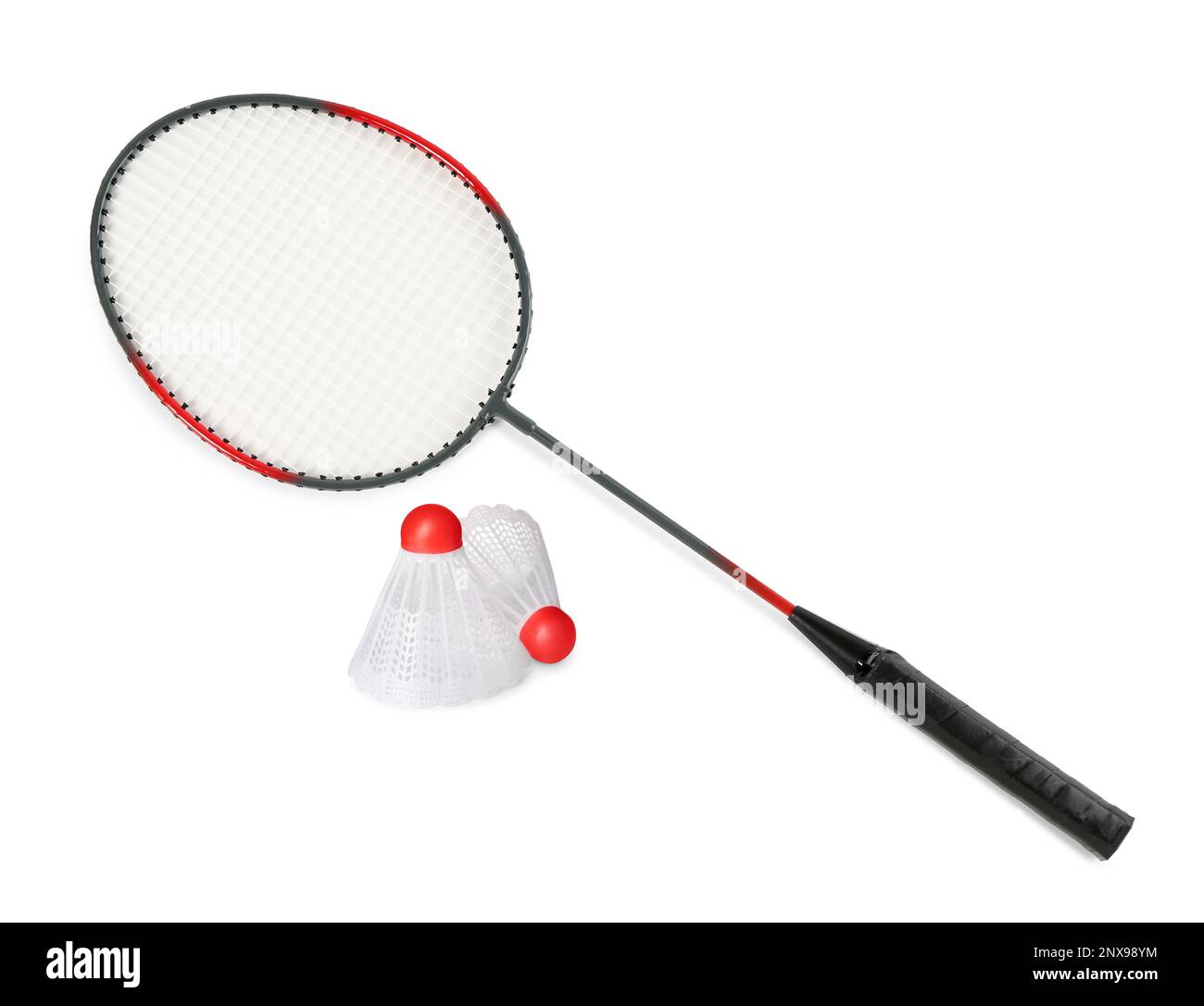 Badminton racket and shuttlecocks on white background. Sports equipment ...