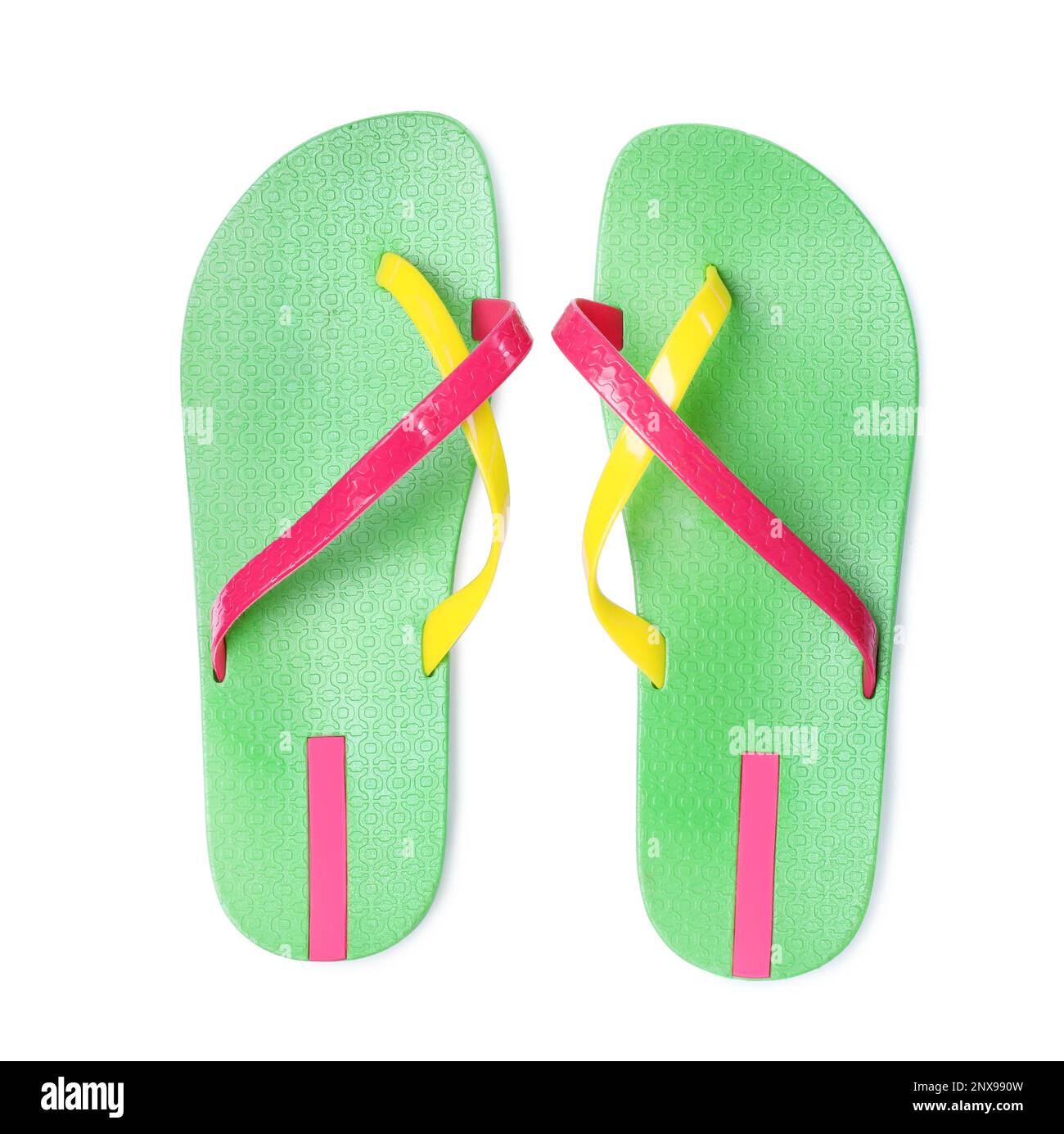 Pair of green flip flops isolated on white, top view Stock Photo - Alamy