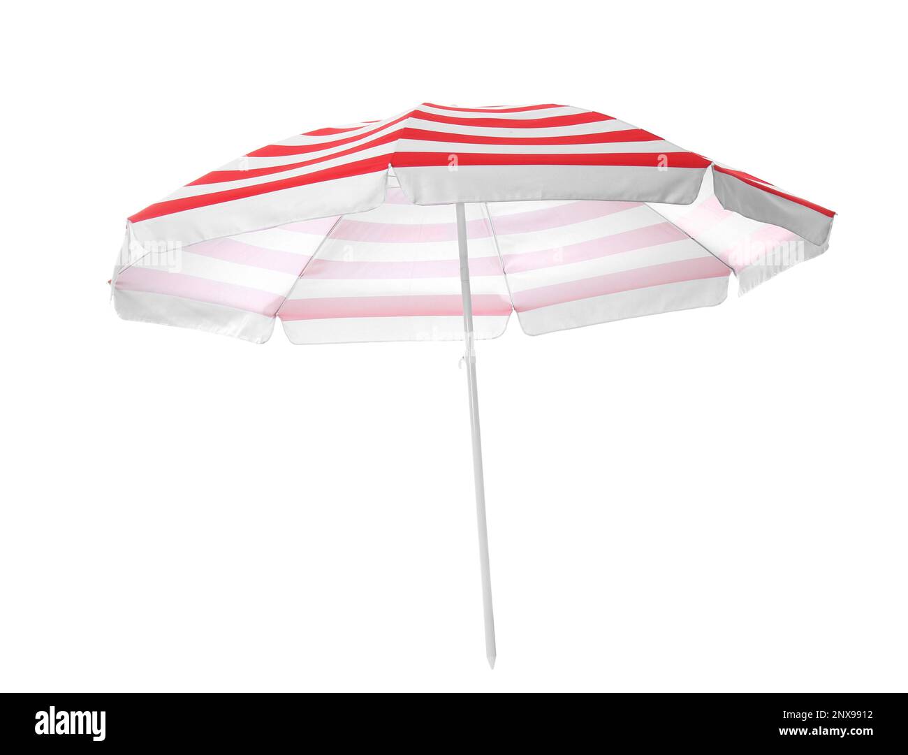 Open red striped beach umbrella isolated on white Stock Photo - Alamy