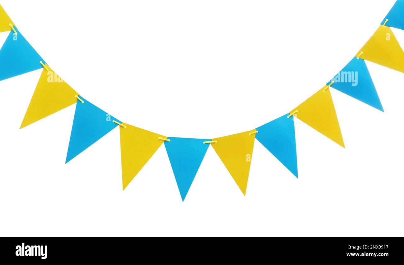 Triangular bunting flags on white background. Festive decor Stock Photo ...