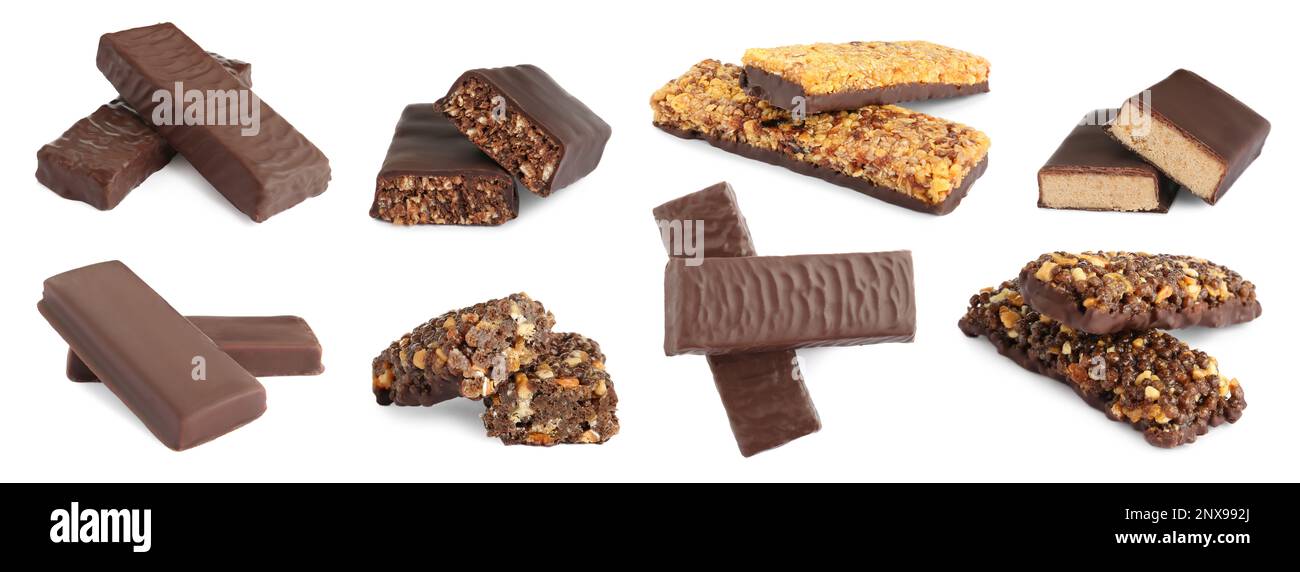 Set with different delicious protein bars on white background. Banner ...