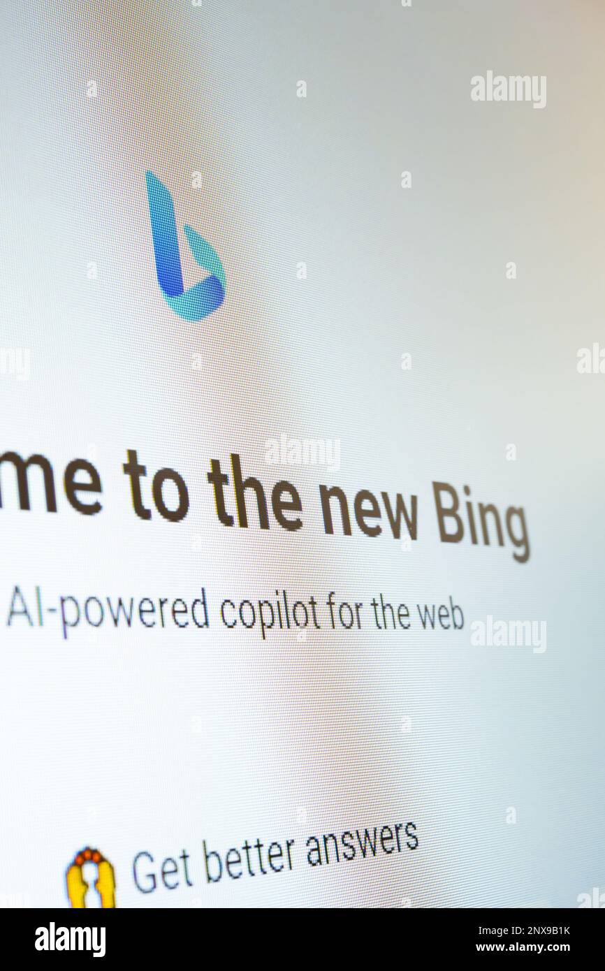 ZhongShan China-Feb 27,2023:close up of a monitor showing the new Bing ...