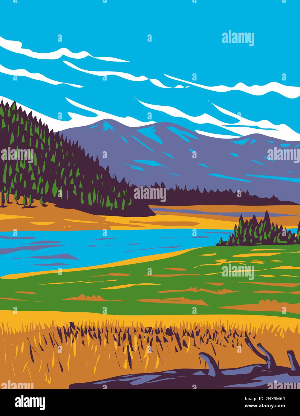 WPA poster art of Yellowstone National Park, Wyoming USA during summer ...