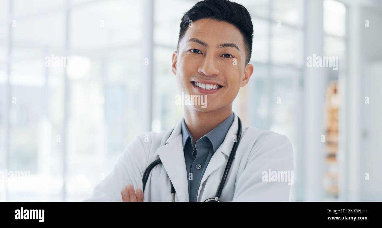 Asian man, face and doctor smile for healthcare, vision or career ...