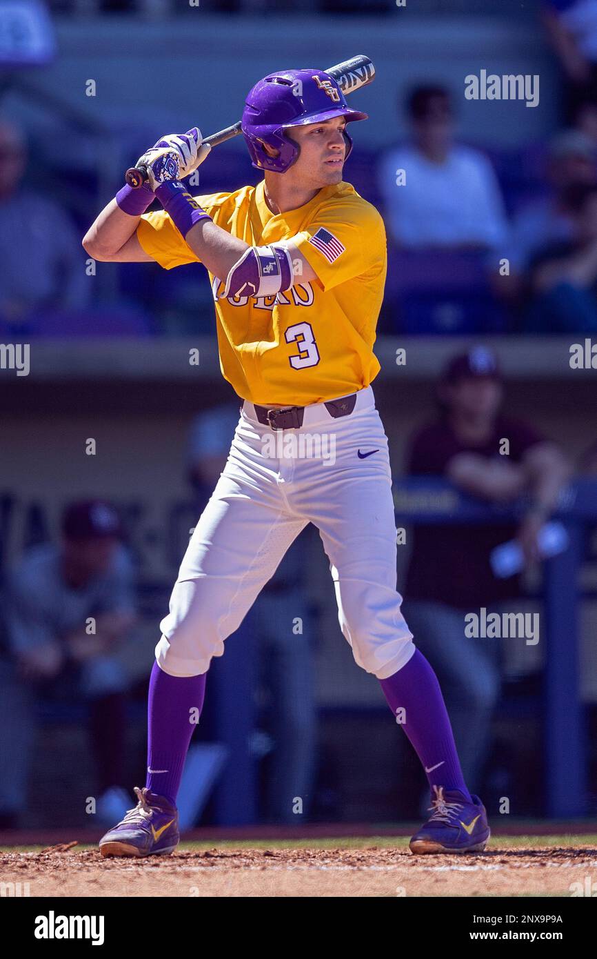 BATON ROUGE, LA - MARCH 31: LSU Tigers infielder Hal Hughes (3) bats ...