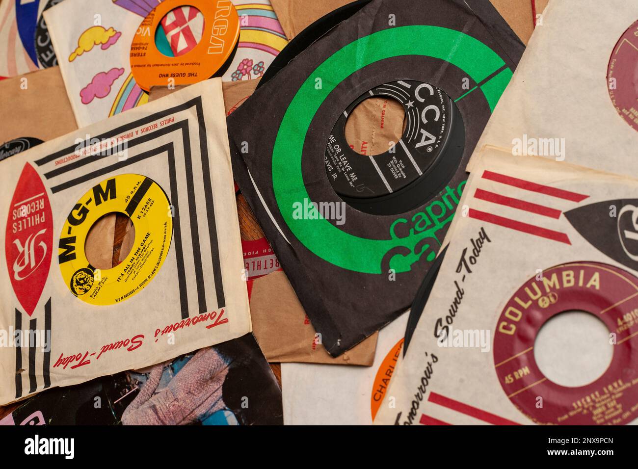 A selection of vinyl 45rpm single records.from various recording ...
