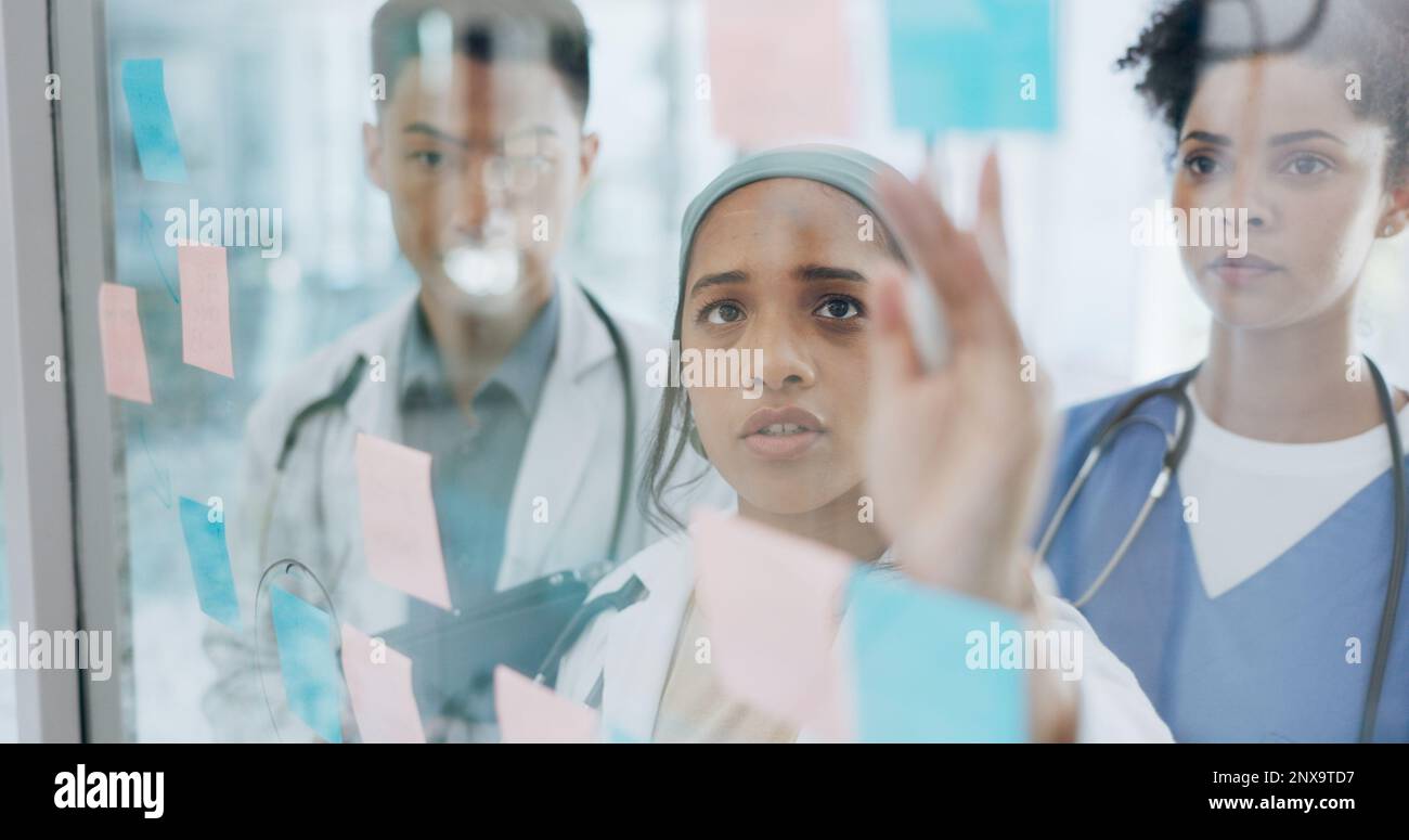 Meeting, medical and collaboration with a doctor black woman coaching her team on glass in a ...