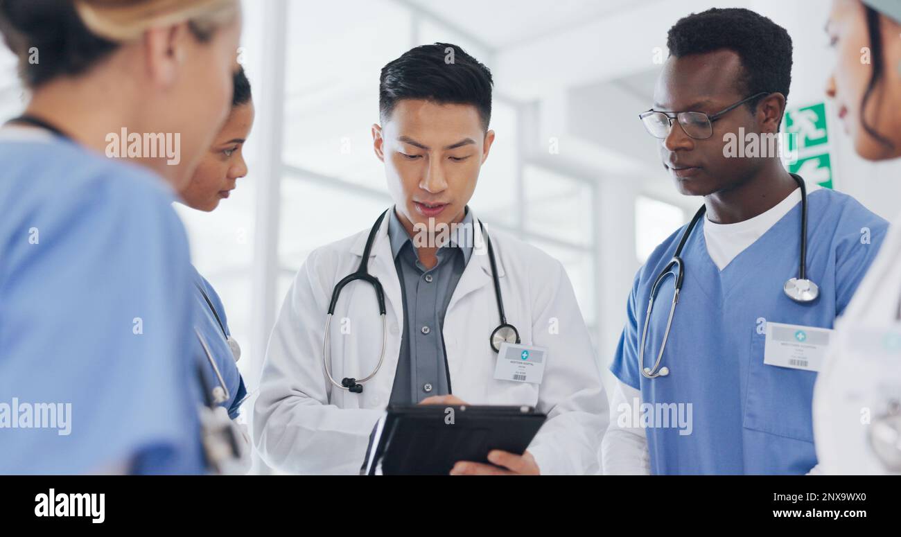 Asian doctor, people and technology in meeting, surgery planning or ...