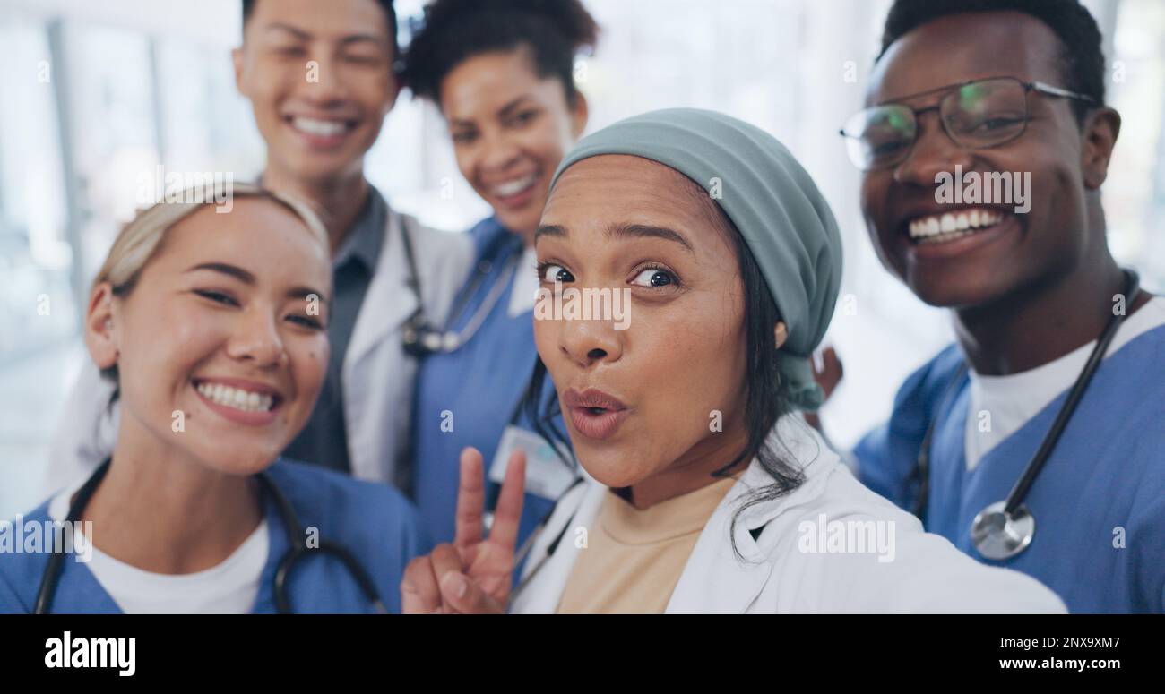 Doctors, friends and selfie in hospital for team building, solidarity ...