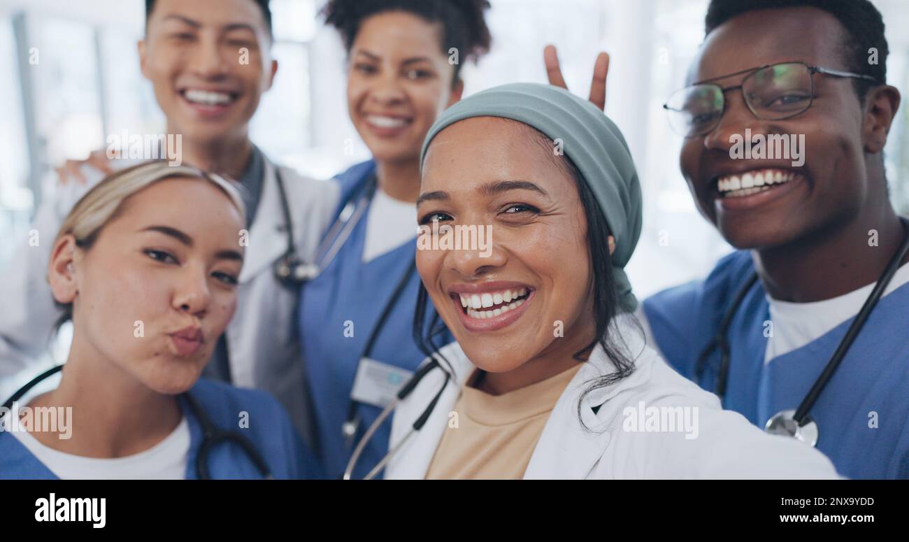 Doctors, friends and selfie in hospital for team building, solidarity ...