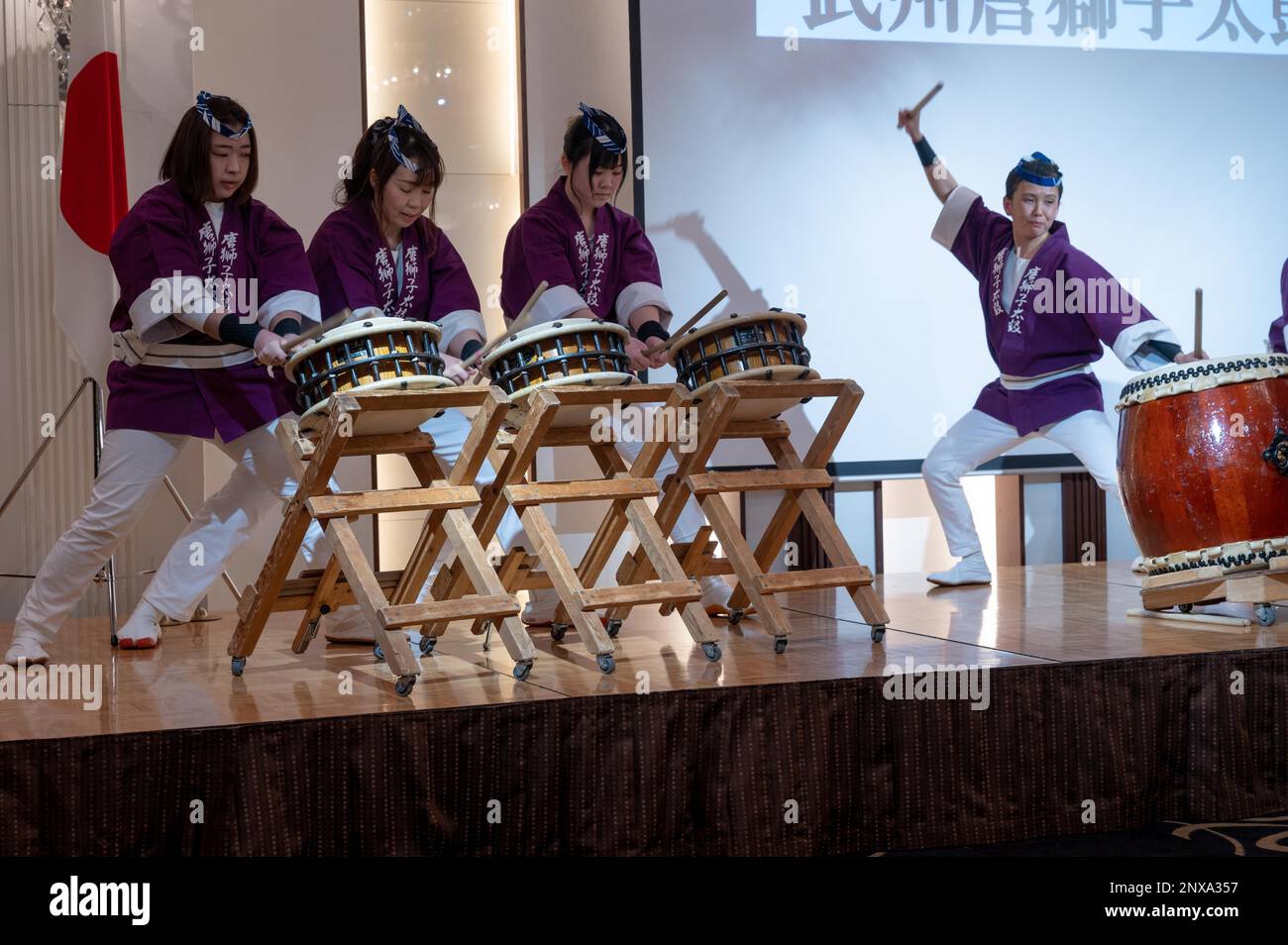 The Mizuho Town Tokyo Bushu Karajishi Drum team perform as a part of ...
