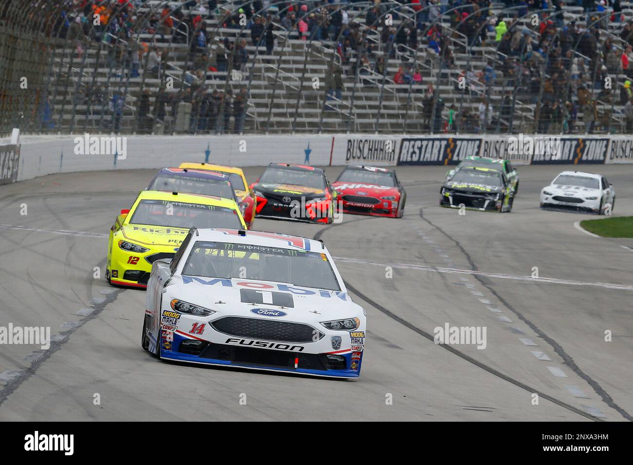 Clint Bowyer (14) and Ryan Blaney (12) during the NASCAR O'Reilly Auto ...
