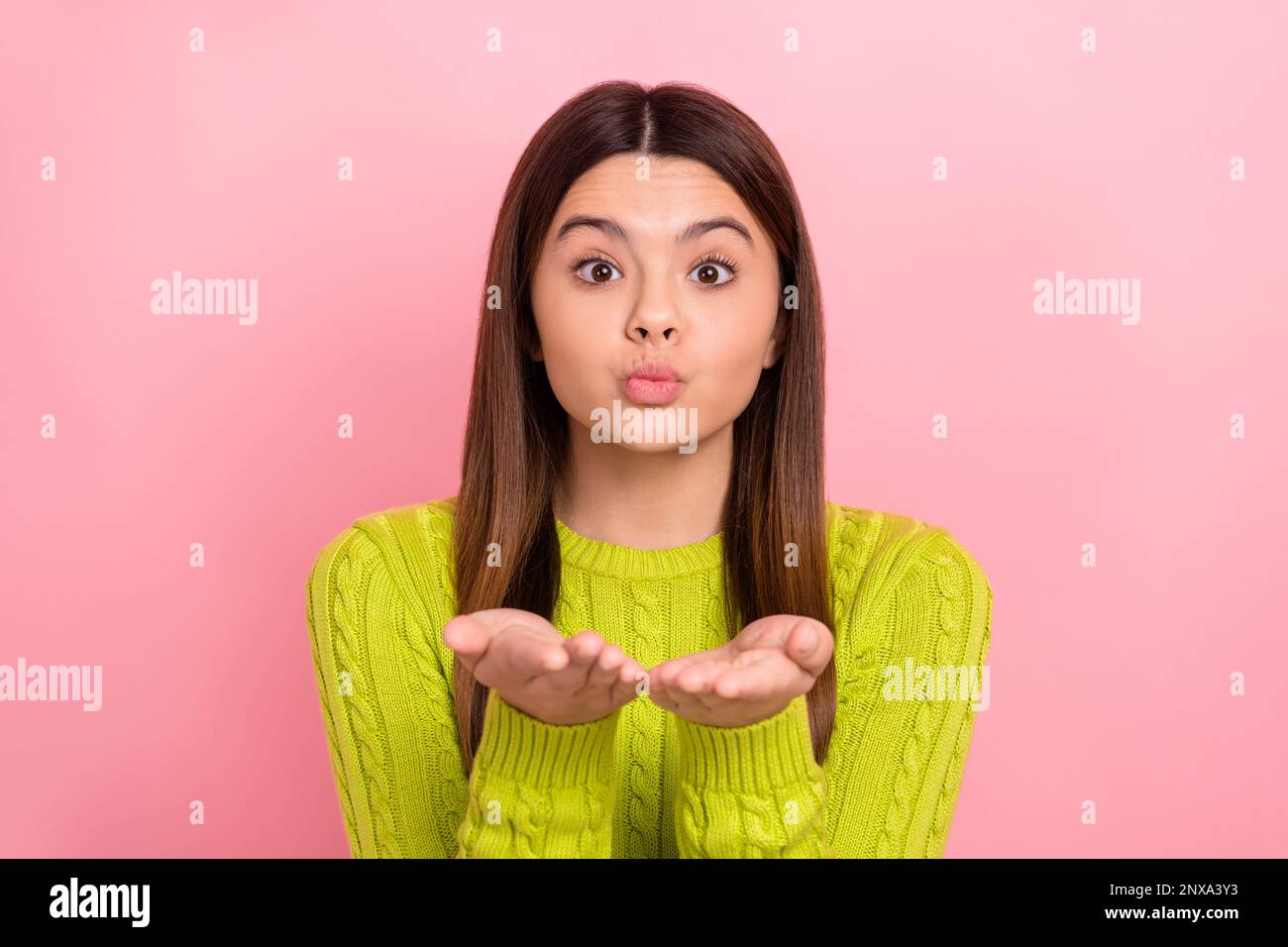 Photo portrait of lovely teen lady sending air kiss you palms pouted ...