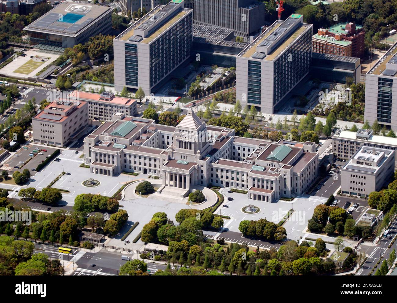 An aerial photo shows the National Diet Building in Tokyo on April 9, 2018. Sessions of the ...