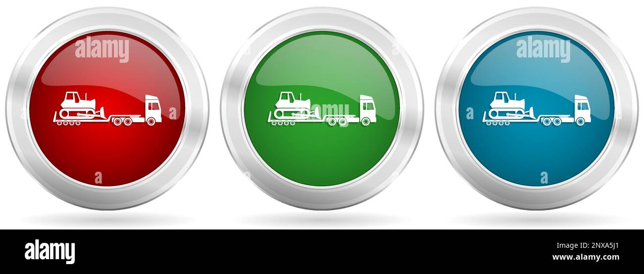 Truck with bulldozer on tow trailer, long vehicle vector icon set. Red ...