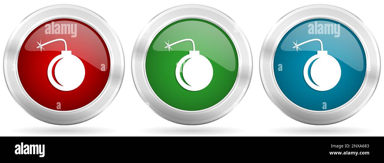 Bomb vector icon set. Red, blue and green silver metallic web buttons ...