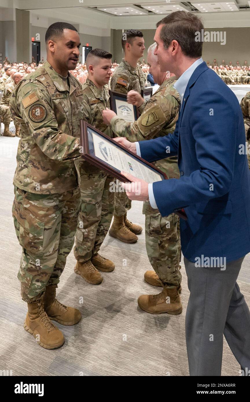 Kentucky Gov. Andy Beshear presents the Kentucky Air National Guard ...