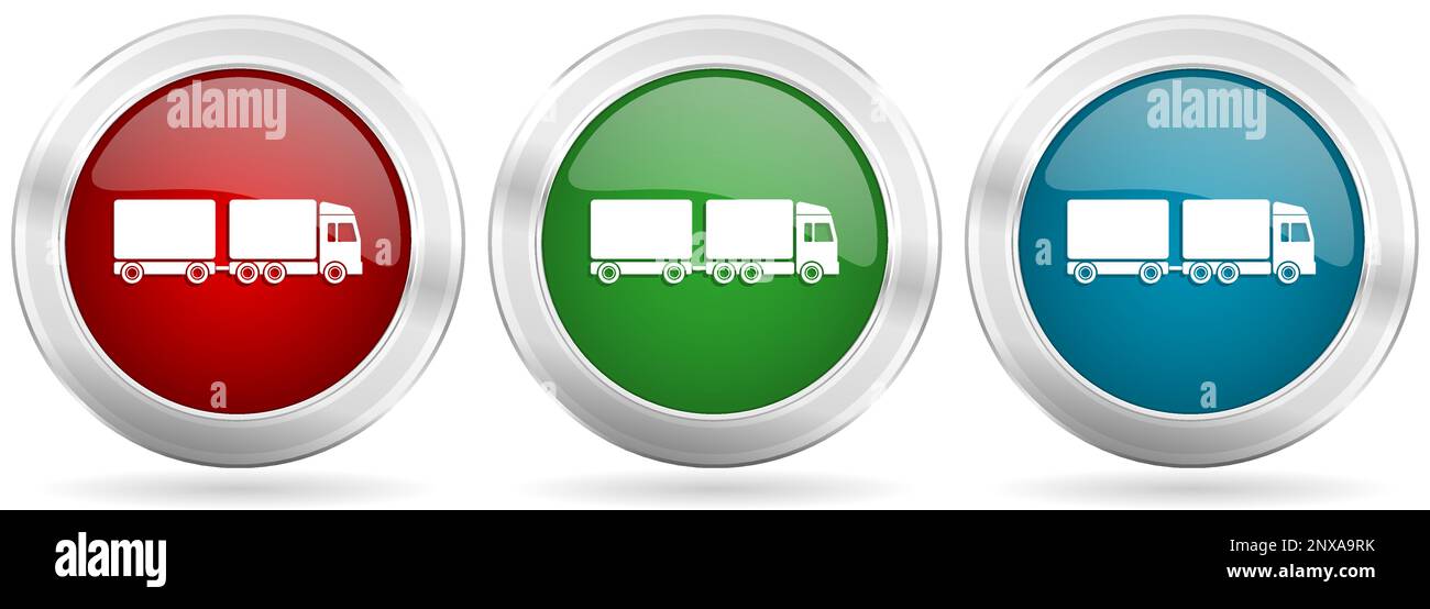 Truck with long semi trailer, transport vector icon set. Red, blue and ...
