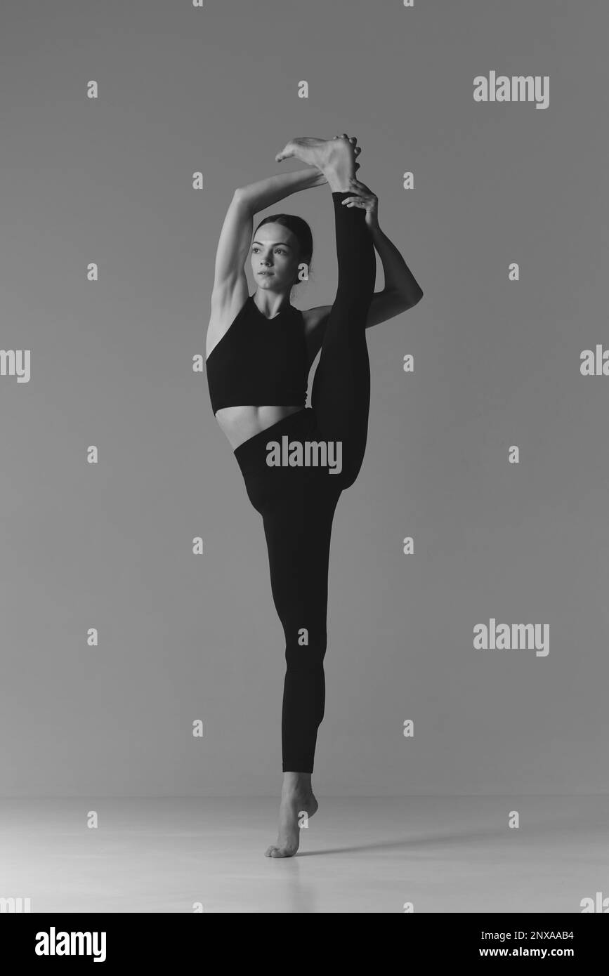 Black And White Photography Young Flexible Girl Doing Stretching Exercises Standing On Twine