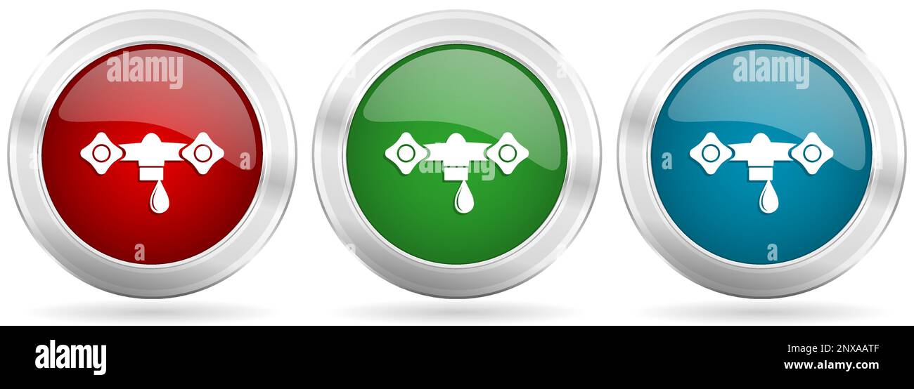 Water vector icon set. Red, blue and green silver metallic web buttons ...