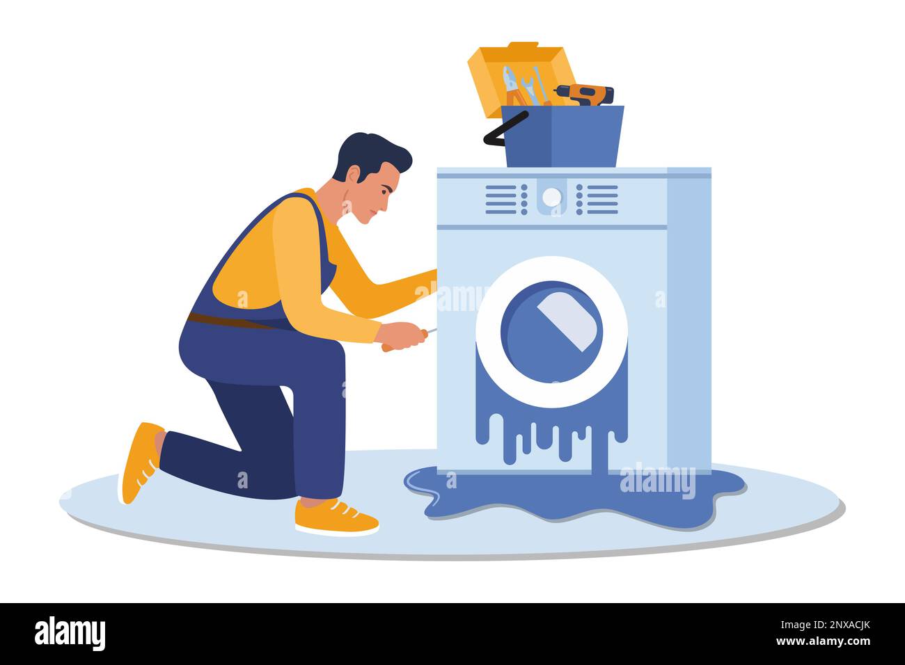 Master with set of professional tools repairs a washing machine Stock ...