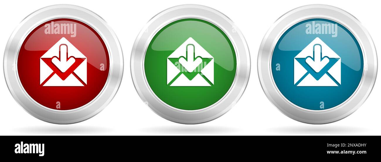 Email vector icon set. Red, blue and green silver metallic web buttons ...