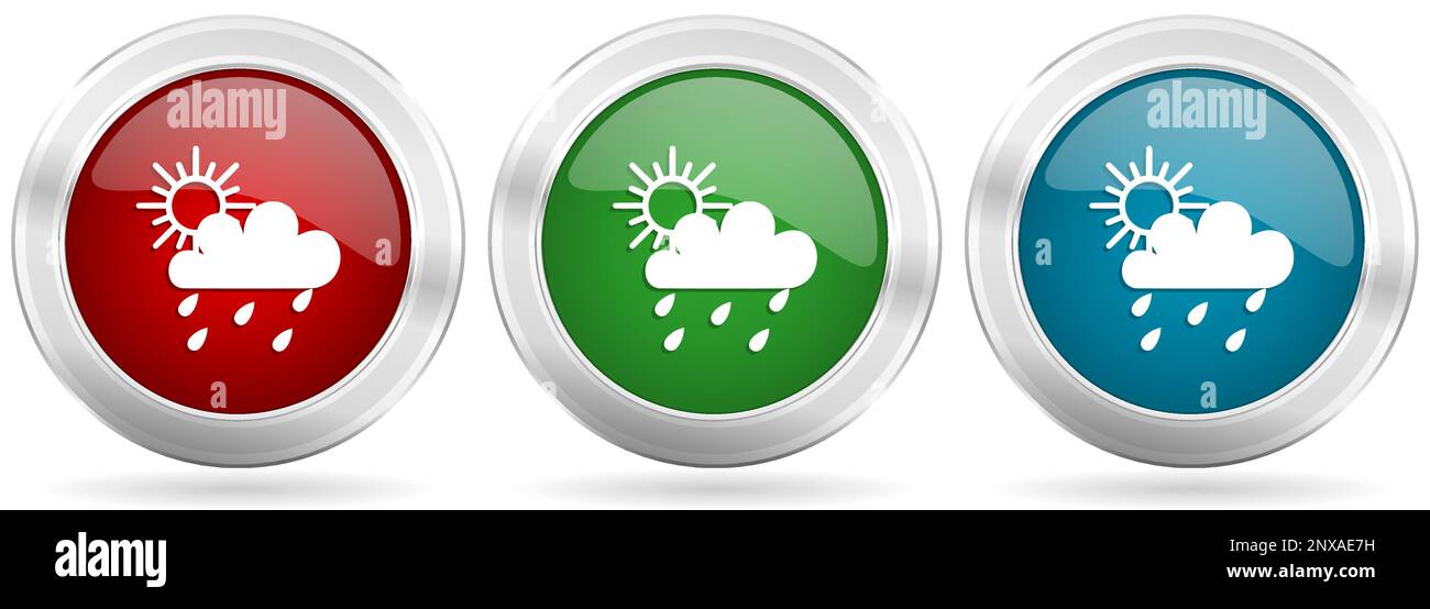Rain vector icon set. Red, blue and green silver metallic web buttons ...
