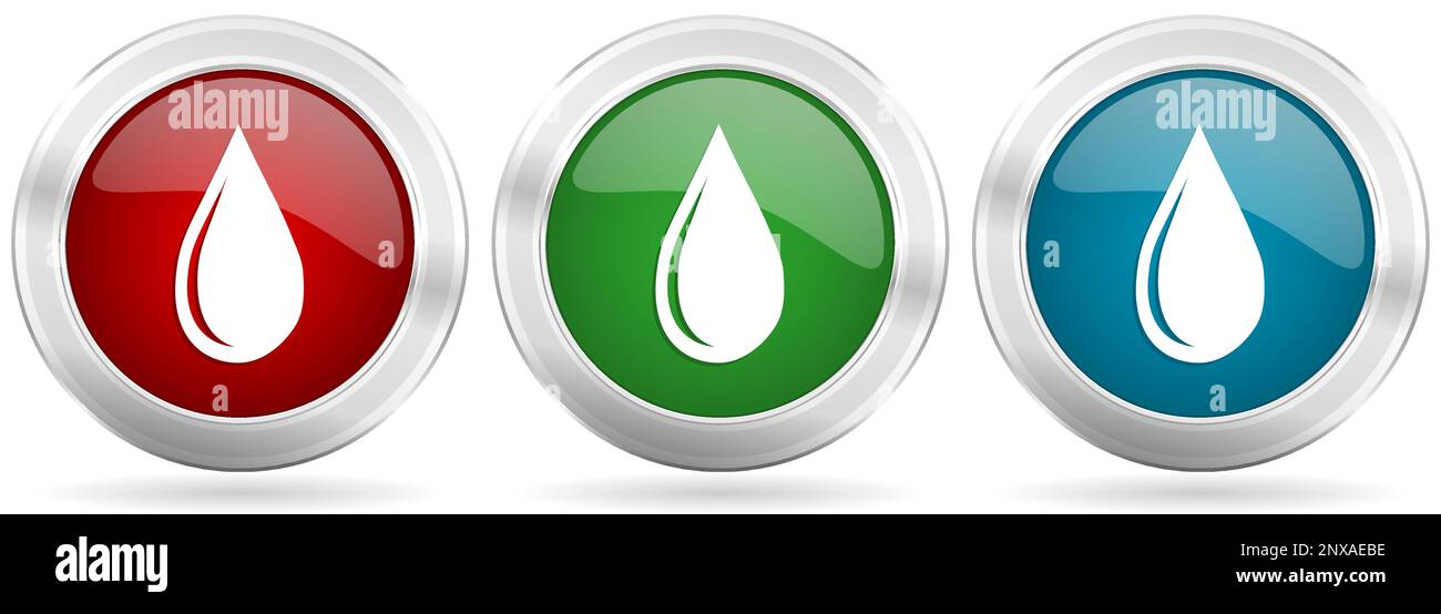 Oil, water drop vector icon set. Red, blue and green silver metallic ...