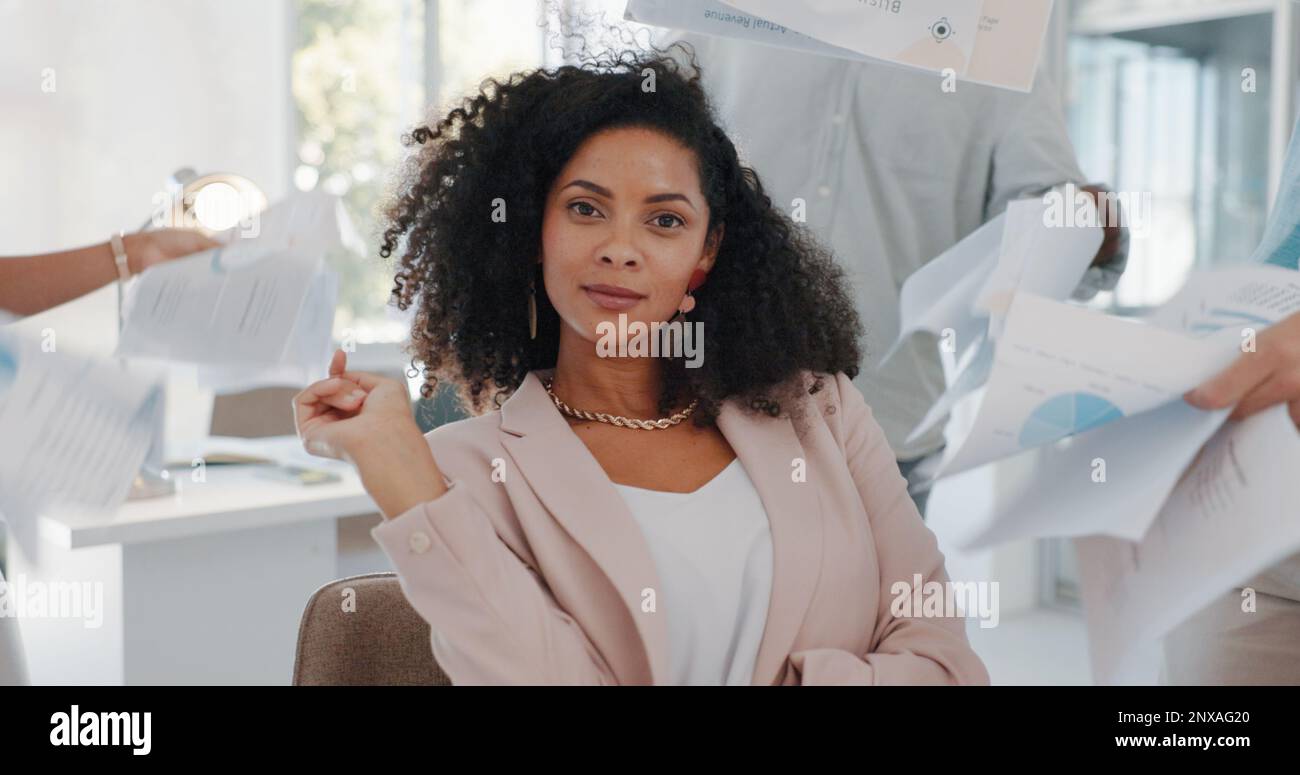 Black woman, boss and office with paper fan, team and hands with comic ...