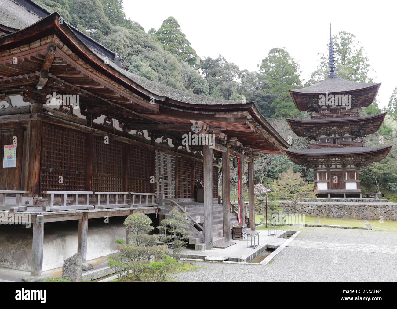 This photo shows the main temple (L) and three-storied pagoda (R ...
