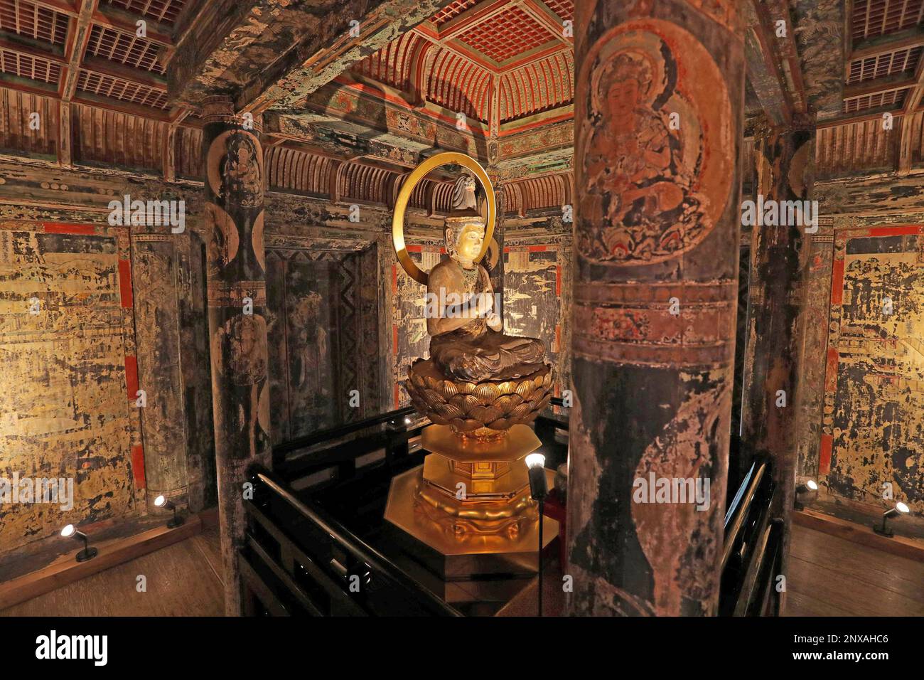 This photo shows the inside of three-storied pagoda, built by master ...