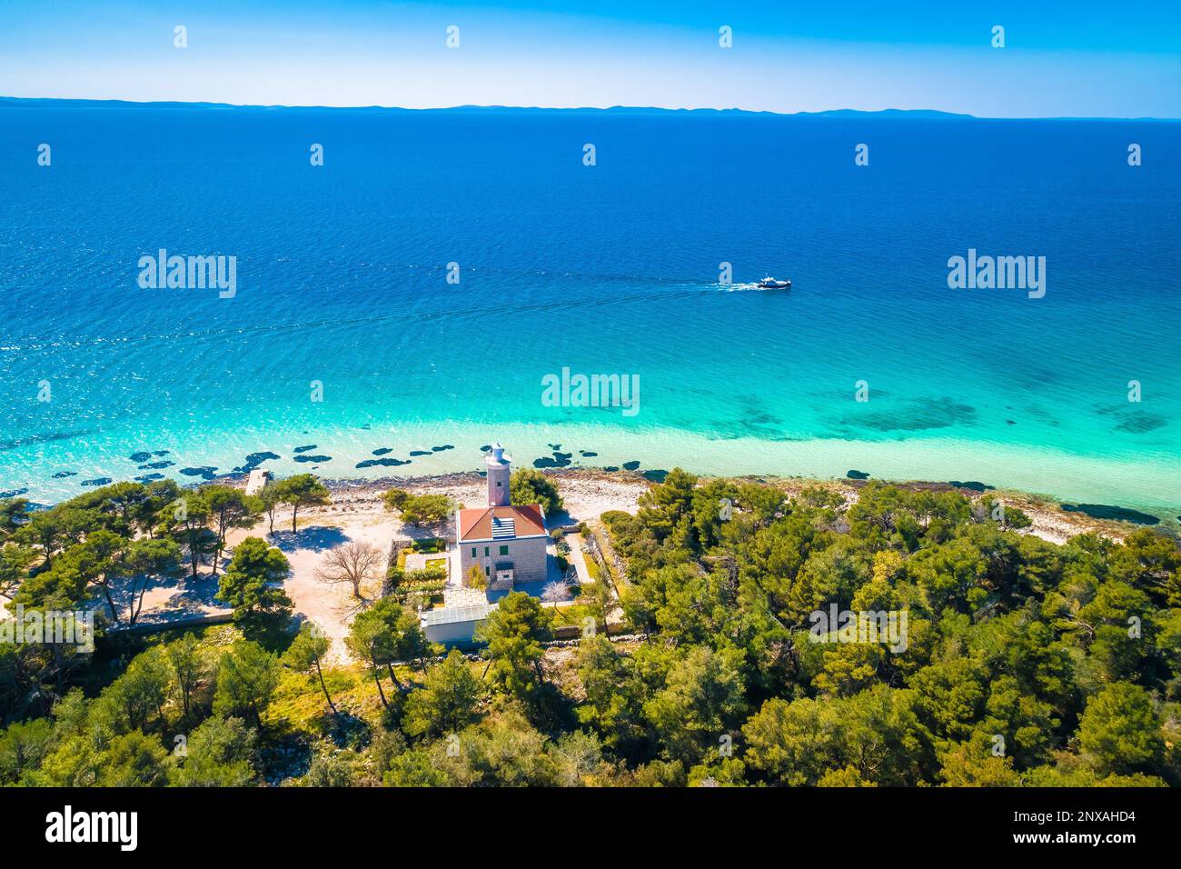 Island of Vir archipelago lighthouse and beach aerial panoramic view ...