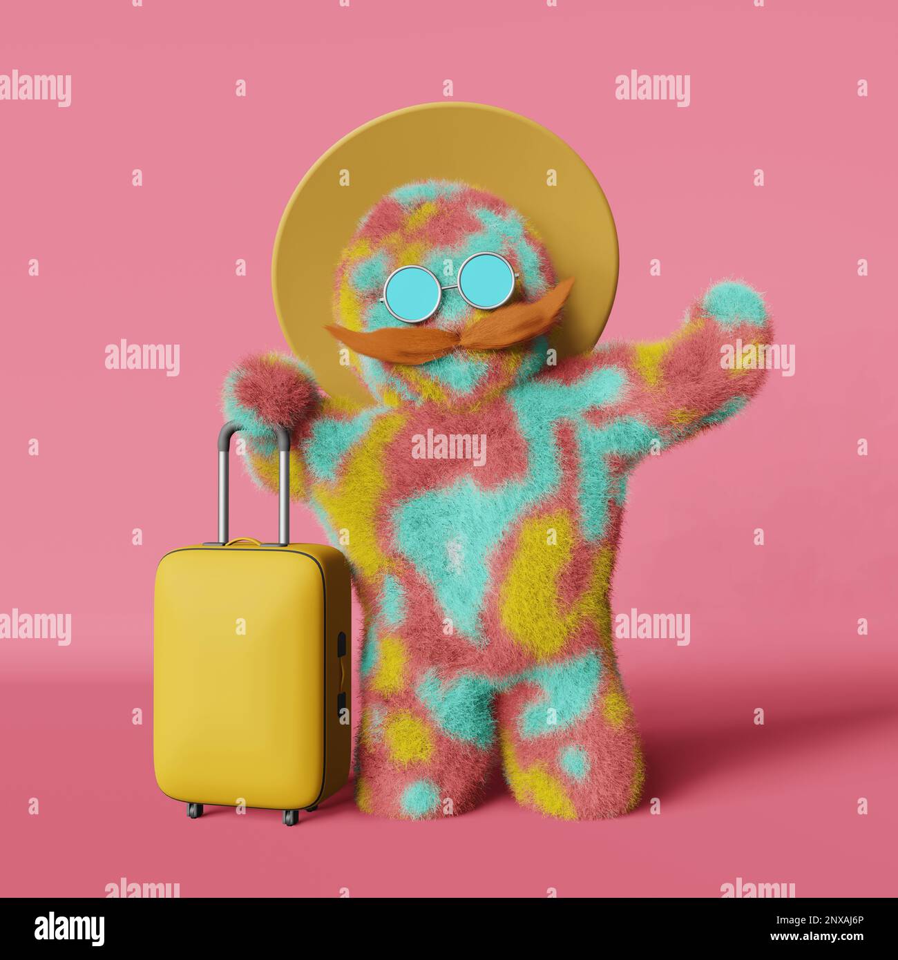 Rainbow hipster Yeti with mustache sunglasses hat yellow suitcase 3d ...