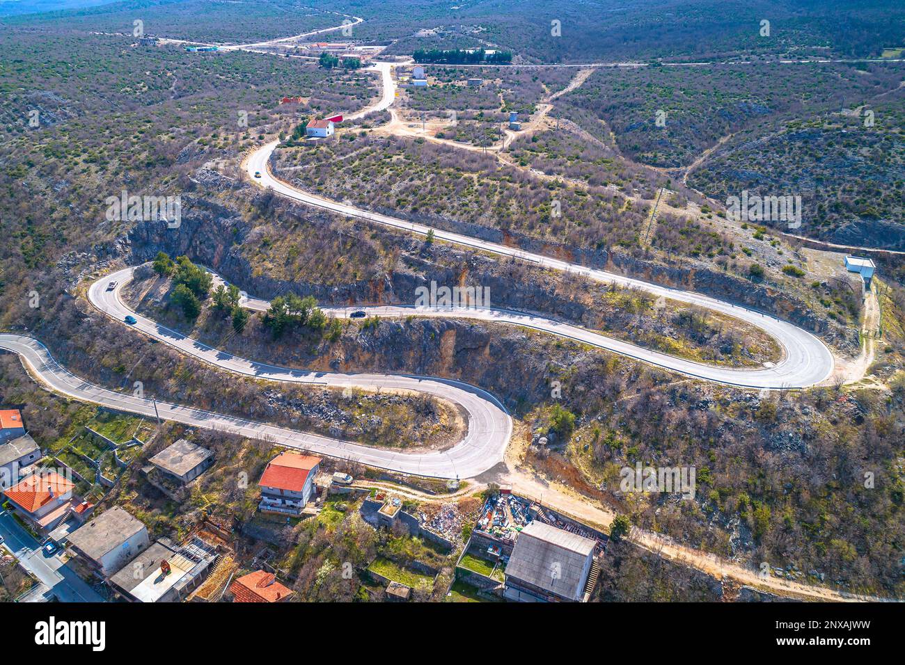 Aerial view of road serpentines in Obrovac, Dalmatia region of Croatia ...
