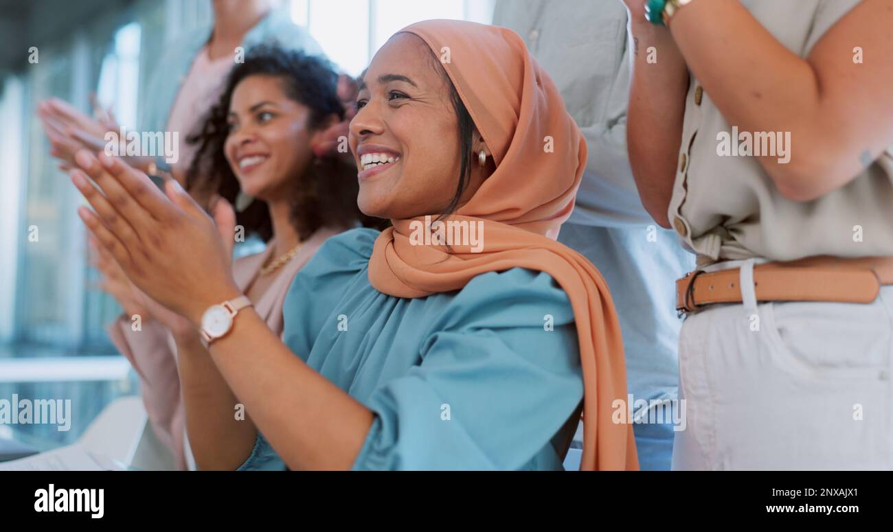 Business people, applause and smile for seminar, meeting or corporate ...