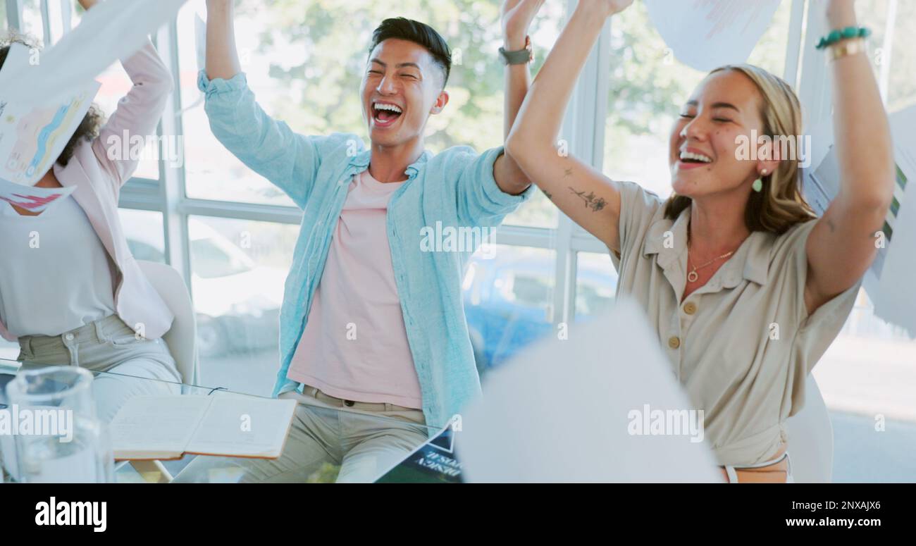 Cash, money rain and business people success, celebration and applause ...