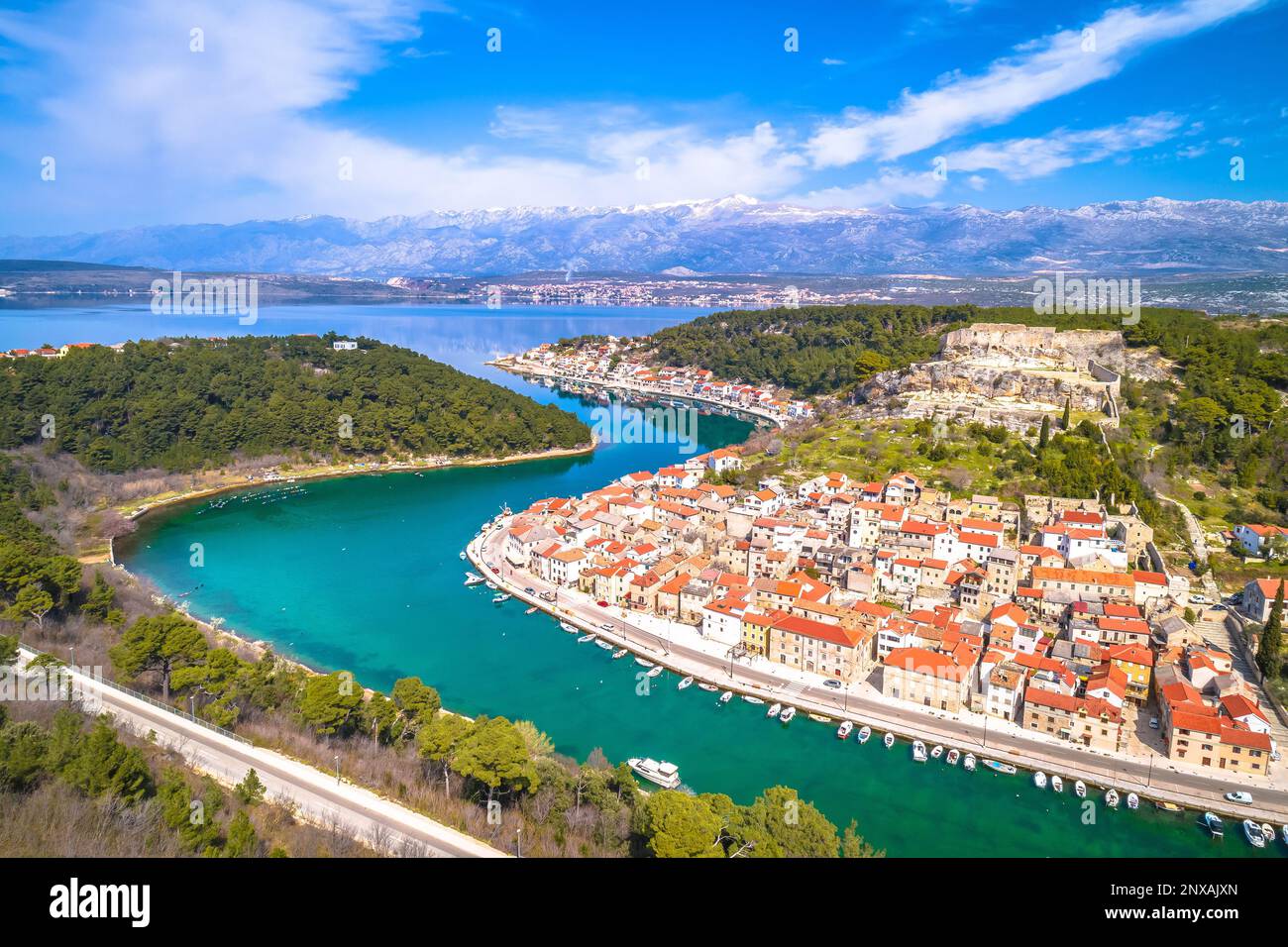 Historic town of Novigrad Dalmatinski bay panoramic aerial view ...