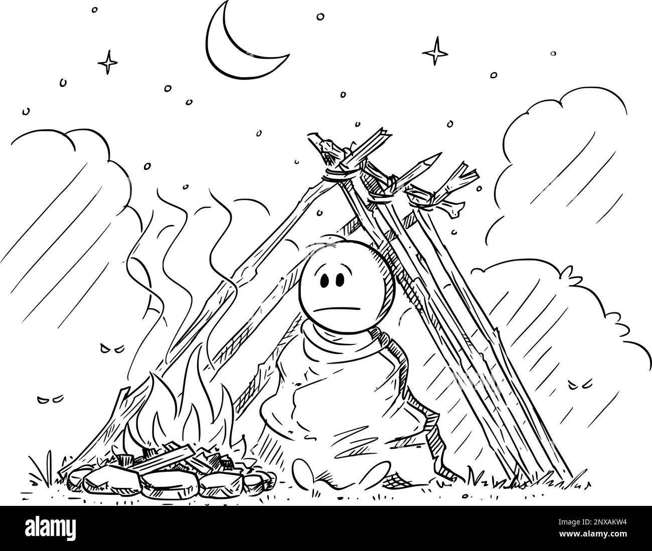 Survival in Wilderness, Shed in Nature , Vector Cartoon Stick Figure ...