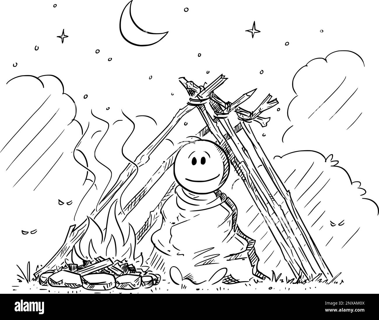 Survival in Wilderness, Shed in Nature , Vector Cartoon Stick Figure ...