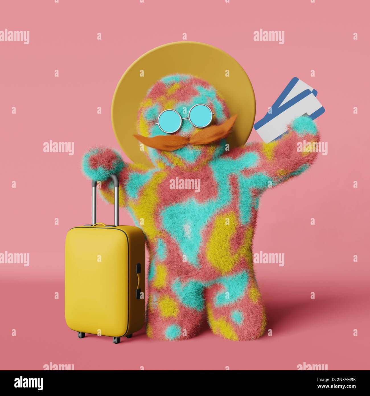 Rainbow hipster Yeti with mustache sunglasses hat yellow suitcase ...