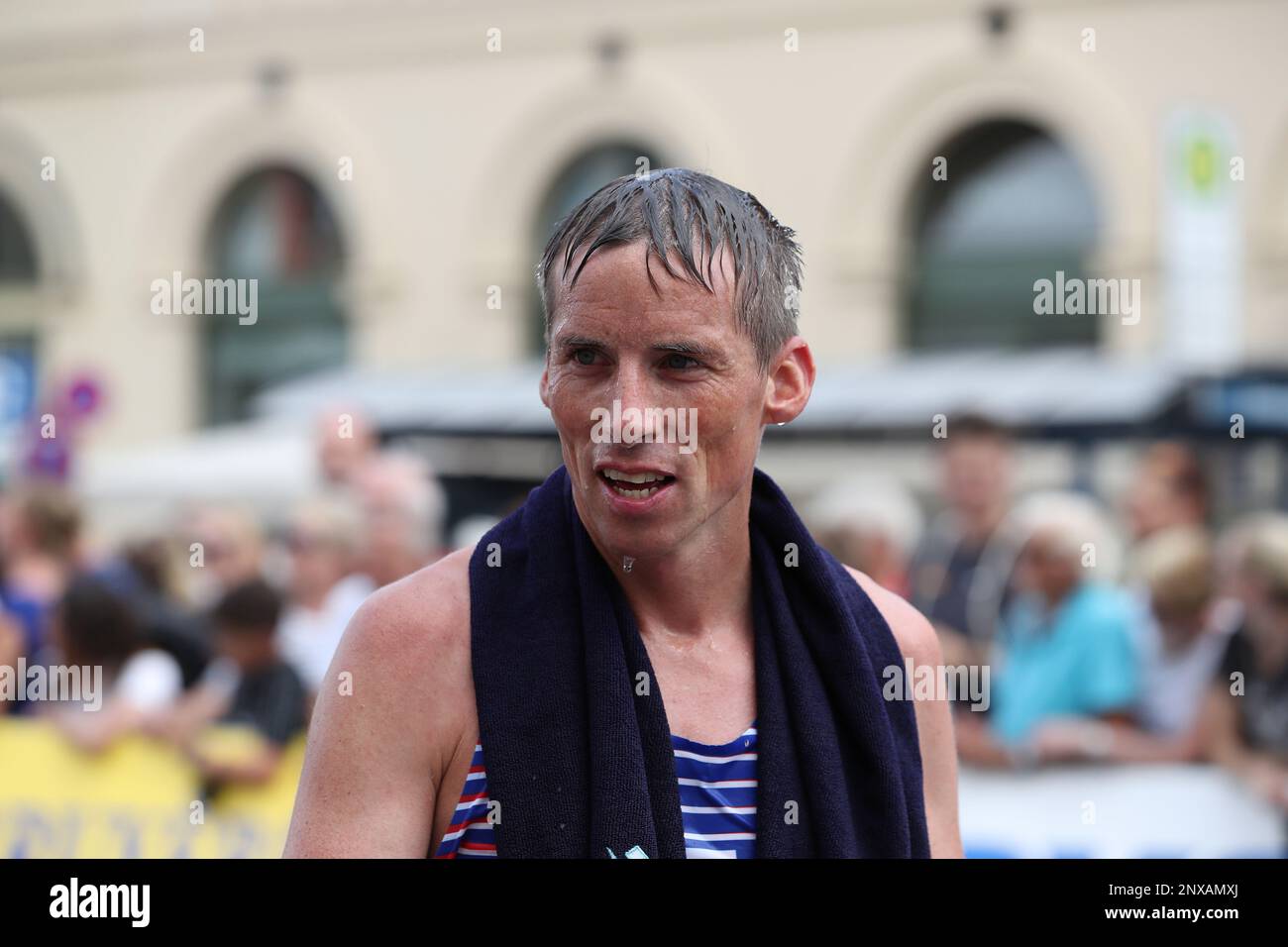 Andrew Davies at the finish of the Marathon at the European Athletics ...