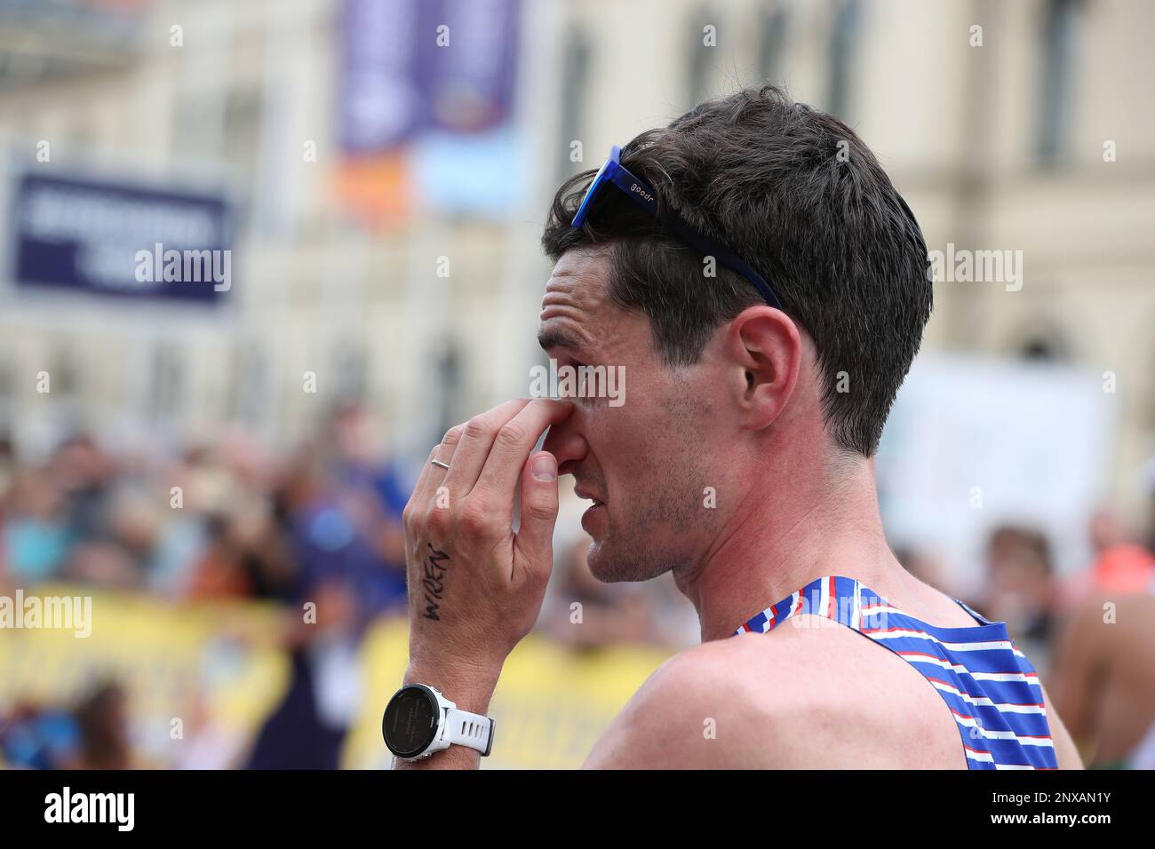 Andrew Heyes at the finish of the Marathon at the European Athletics ...