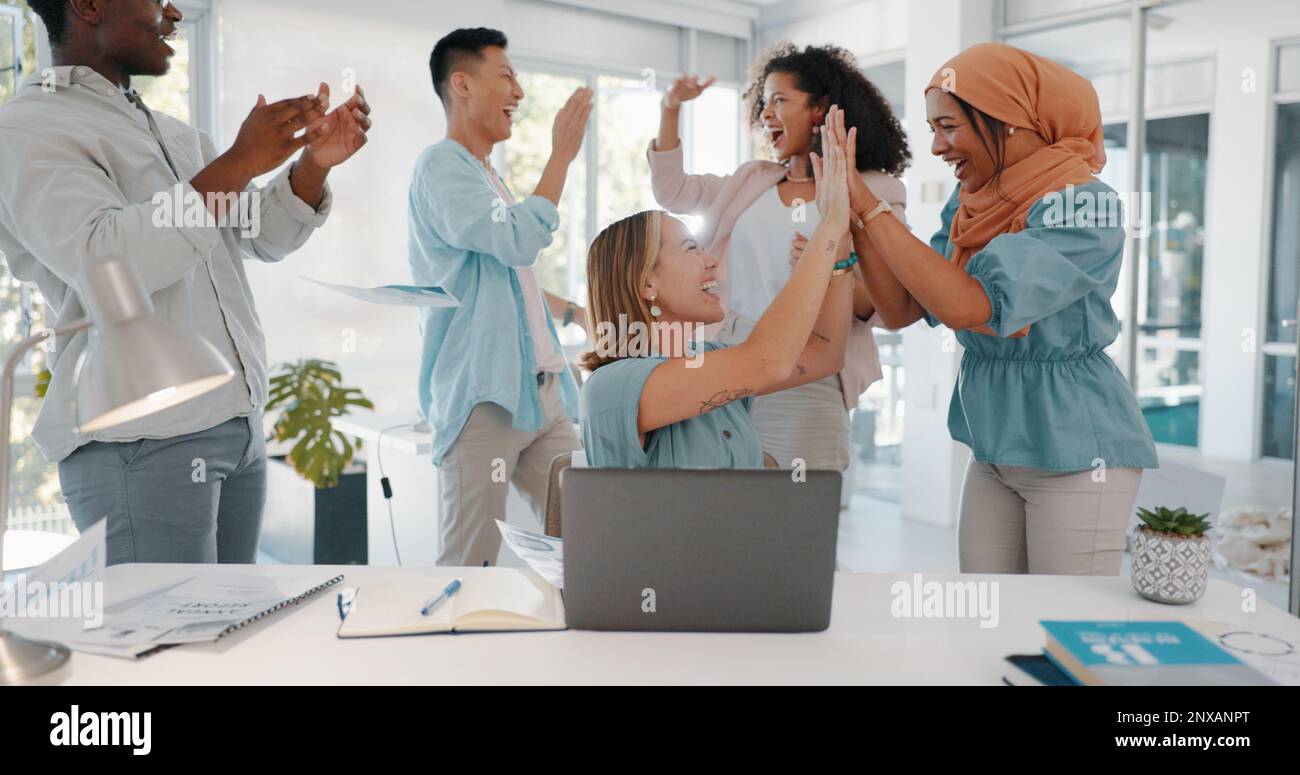 Celebration, winning and team throw papers for project success ...